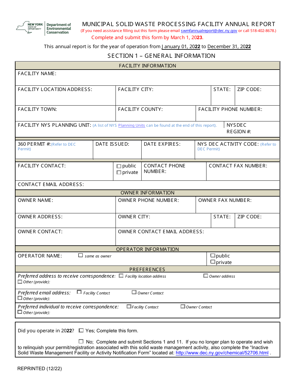 2022 New York Municipal Solid Waste Processing Facility Annual Report - Fill Out, Sign Online ...