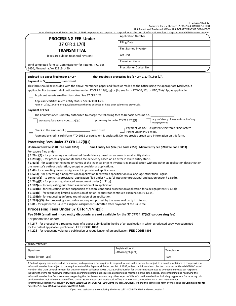 Form PTO/SB/17I Download Fillable PDF or Fill Online Processing Fee ...