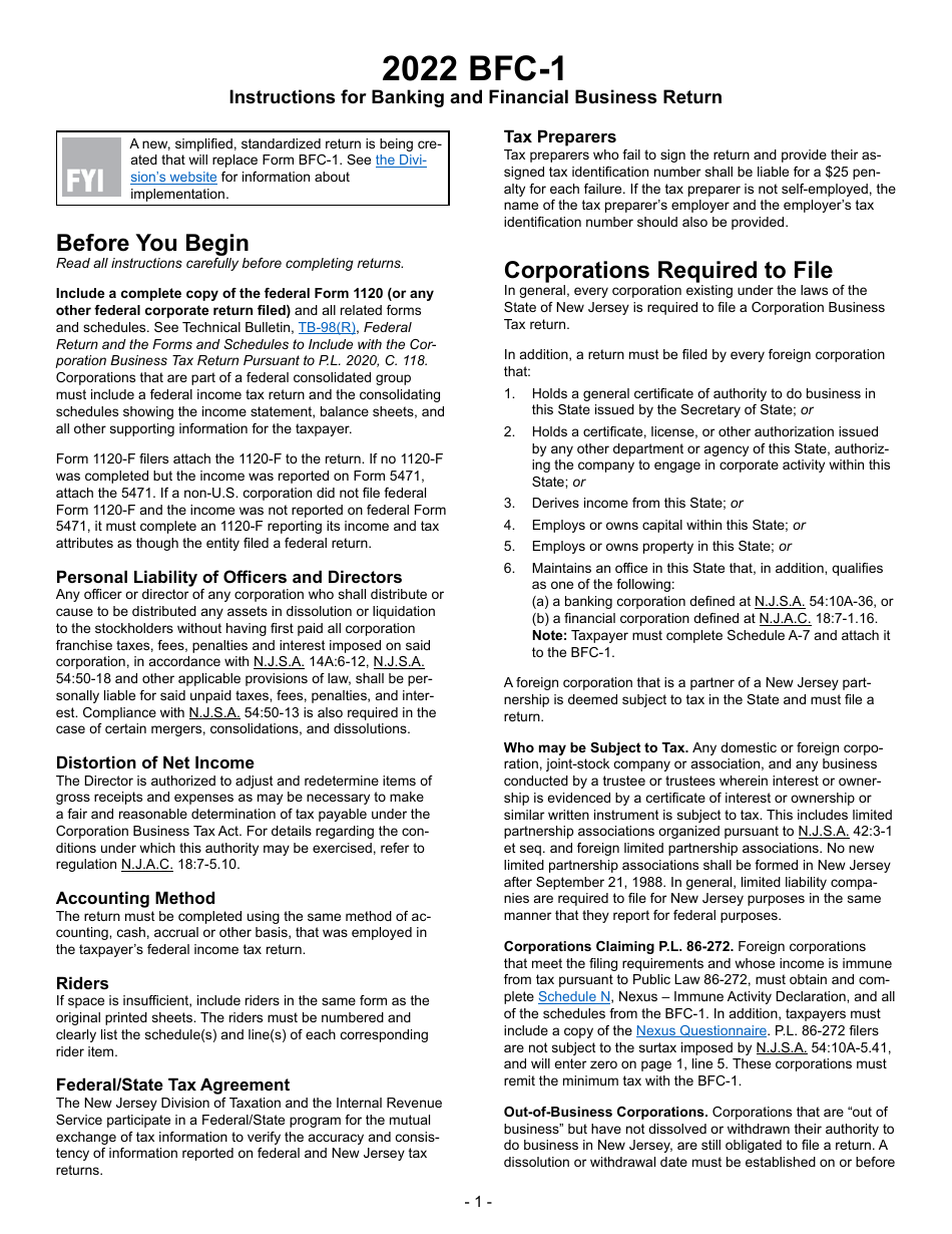 Download Instructions for Form BFC-1 Corporation Business Tax Return ...