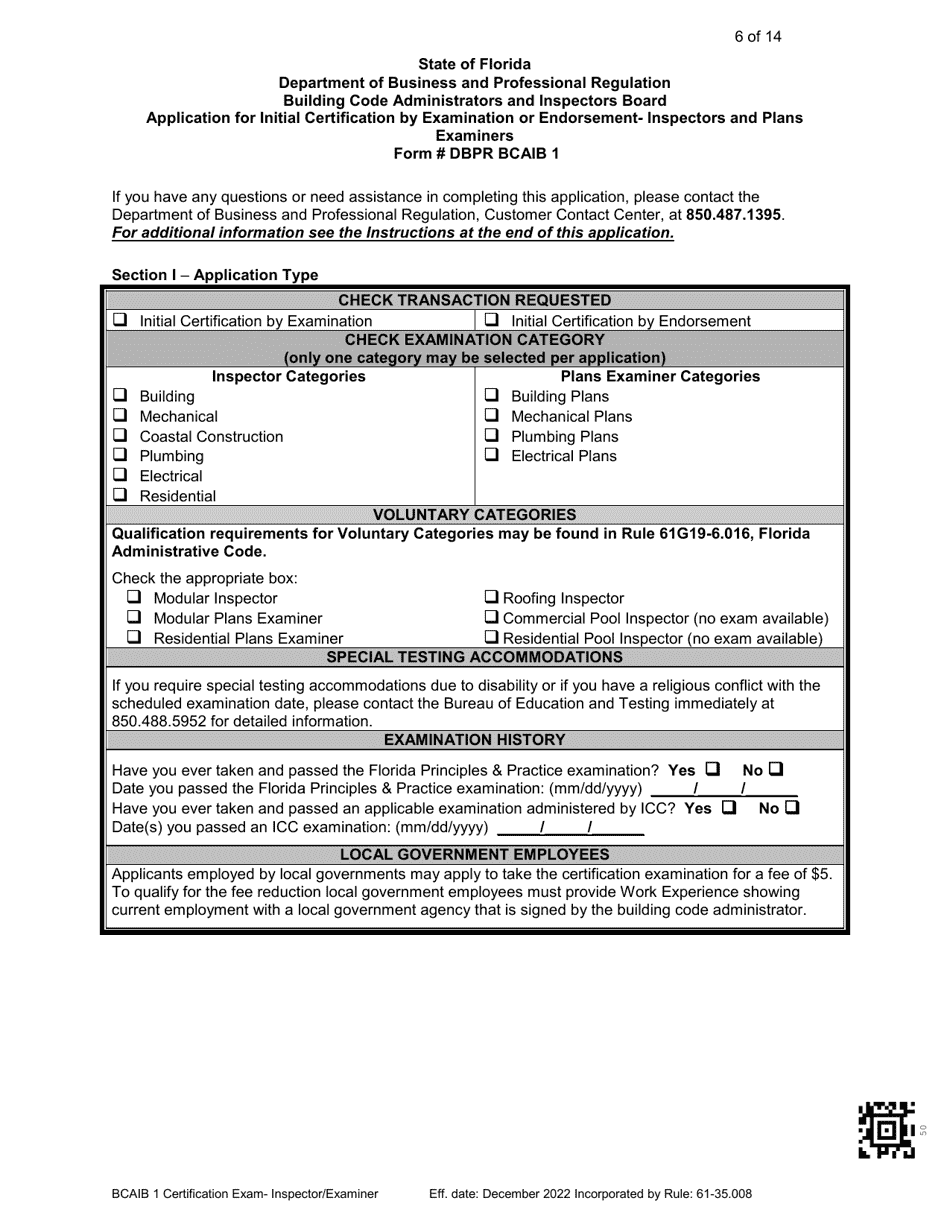 Form DBPR BCAIB1 Download Printable PDF or Fill Online Application for ...
