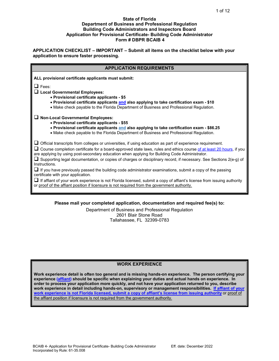 Form DBPR BCAIB4 Download Printable PDF or Fill Online Application for ...