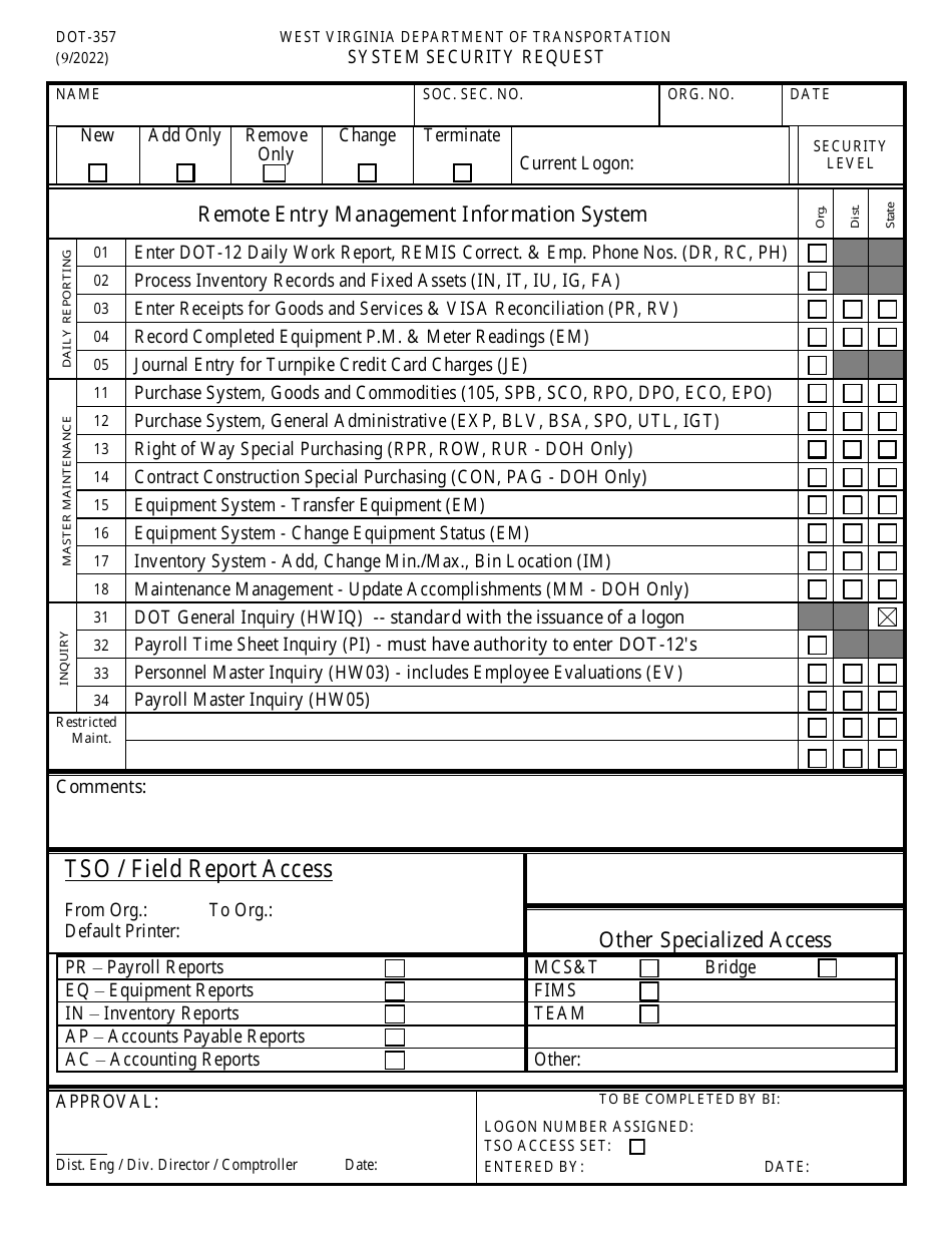 Form DOT-357 - Fill Out, Sign Online and Download Fillable PDF, West ...
