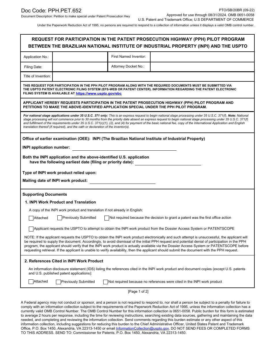 Form PTO/SB/20BR Download Fillable PDF or Fill Online Request for ...