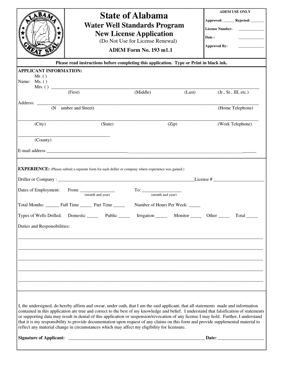 ADEM Form 193 Download Printable PDF or Fill Online New License ...