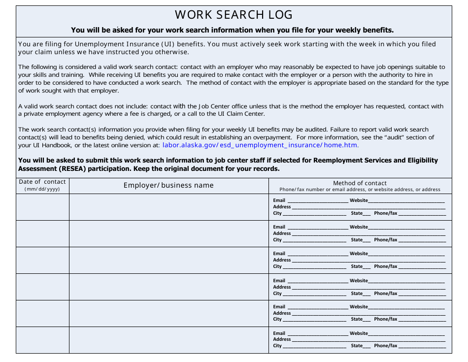 Alaska Work Search Log - Fill Out, Sign Online and Download PDF ...