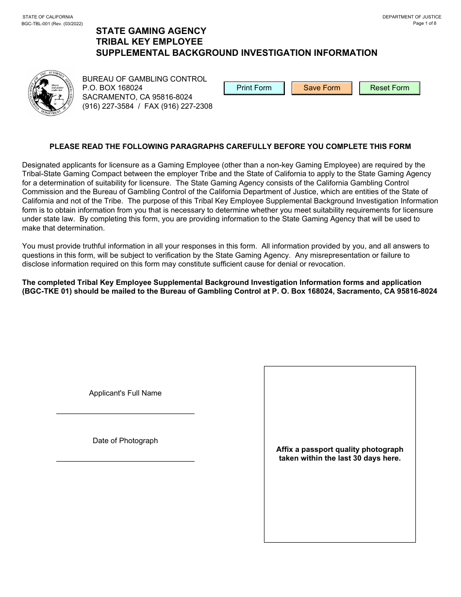 Form BGC-TBL-001 Download Fillable PDF or Fill Online State Gaming ...