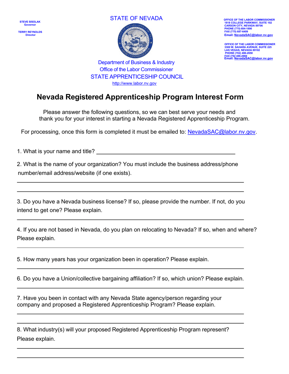 Nevada Nevada Registered Apprenticeship Program Interest Form - Fill ...
