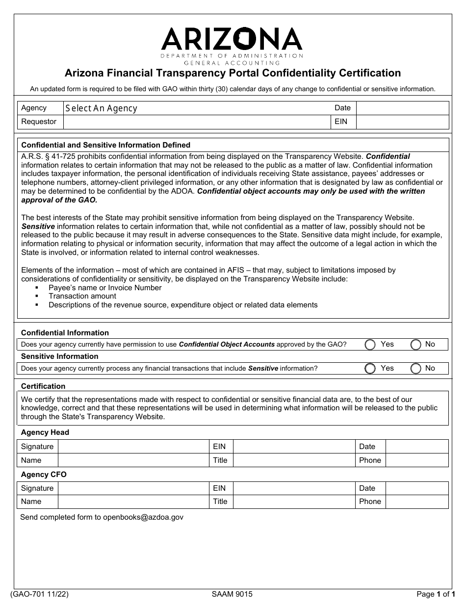 Form GAO-701 - Fill Out, Sign Online and Download Fillable PDF, Arizona ...