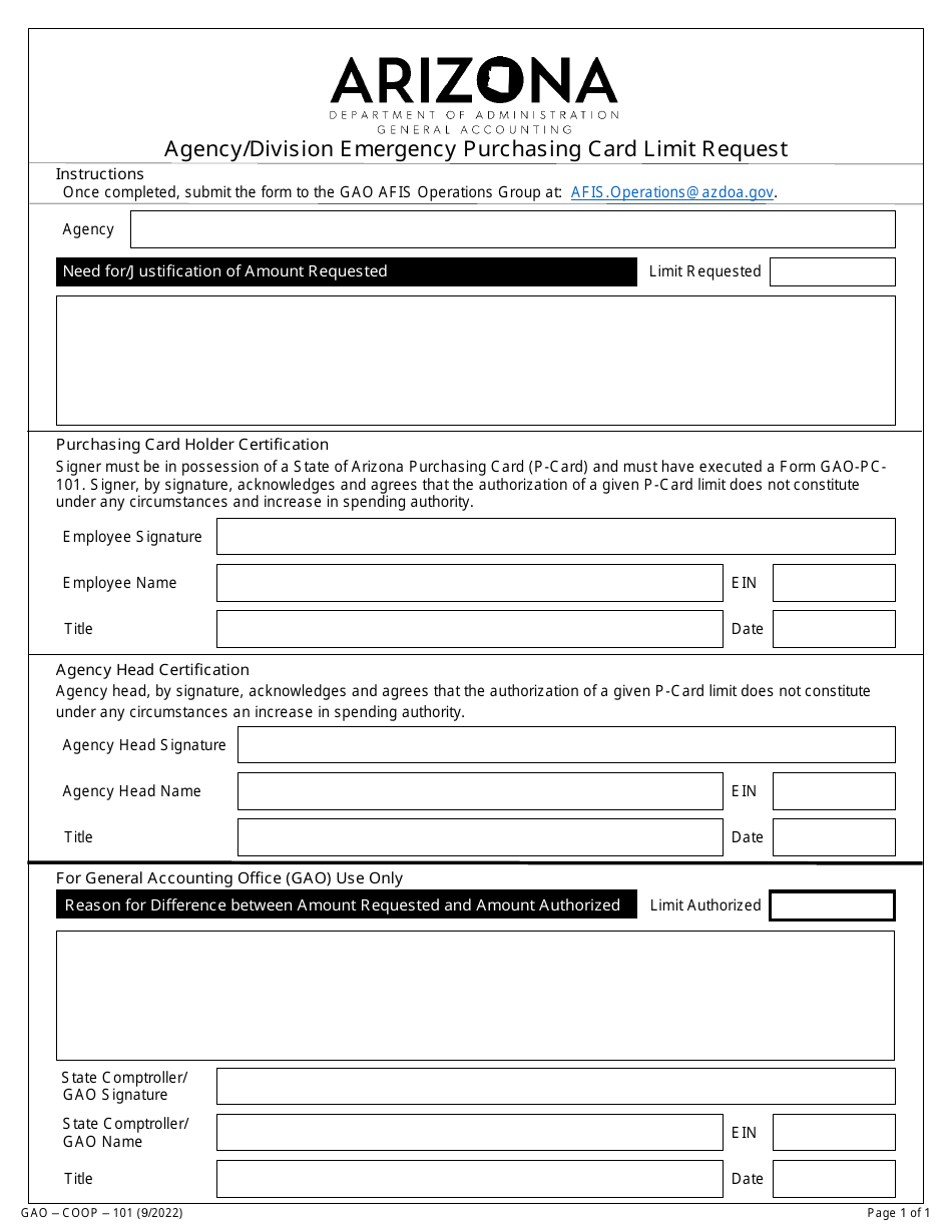 Form GAO-COOP-101 - Fill Out, Sign Online and Download Fillable PDF, Arizona | Templateroller