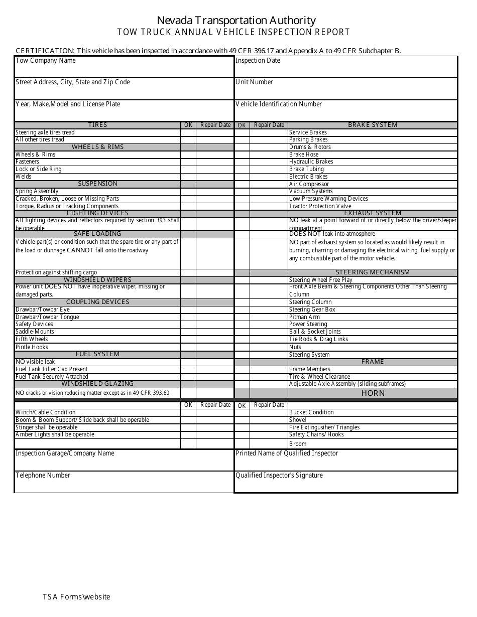 Nevada Tow Truck Annual Vehicle Inspection Report - Fill Out, Sign ...