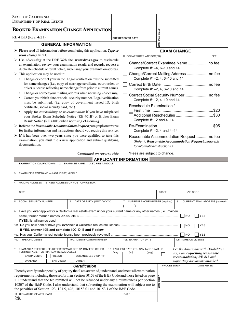 Form RE415B - Fill Out, Sign Online and Download Fillable PDF ...