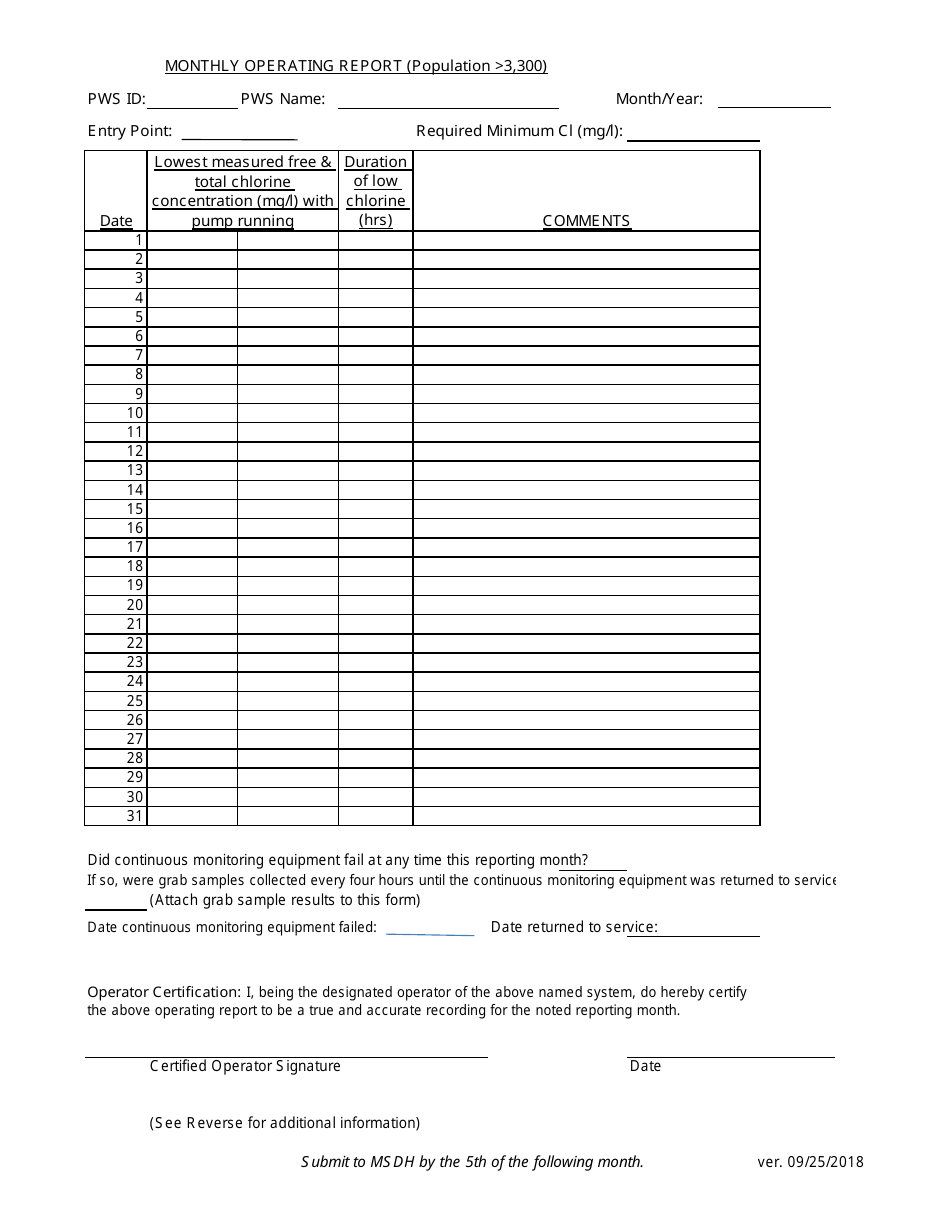 Mississippi Monthly Operating Report (Population 3,300) - Fill Out ...