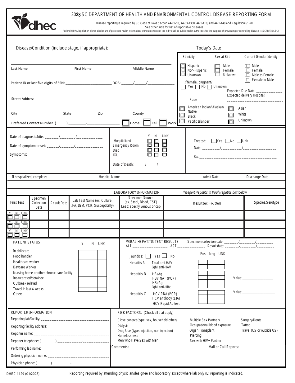 DHEC Form 1129 Download Fillable PDF or Fill Online Disease Reporting ...
