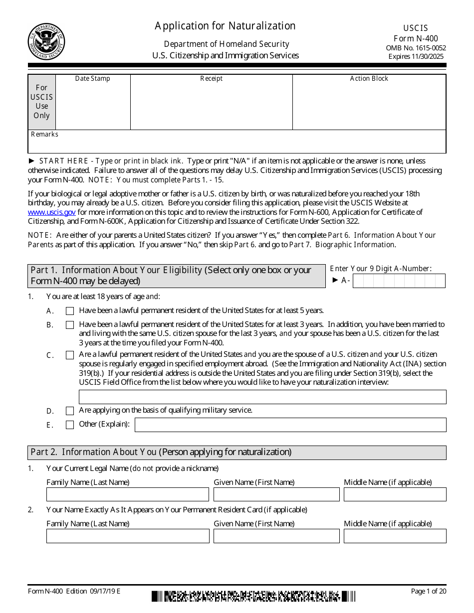 USCIS Form N-400 Download Fillable PDF or Fill Online Application for ...