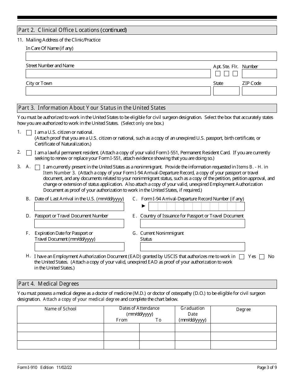 USCIS Form I-910 Download Fillable PDF or Fill Online Application for Civil Surgeon Designation ...