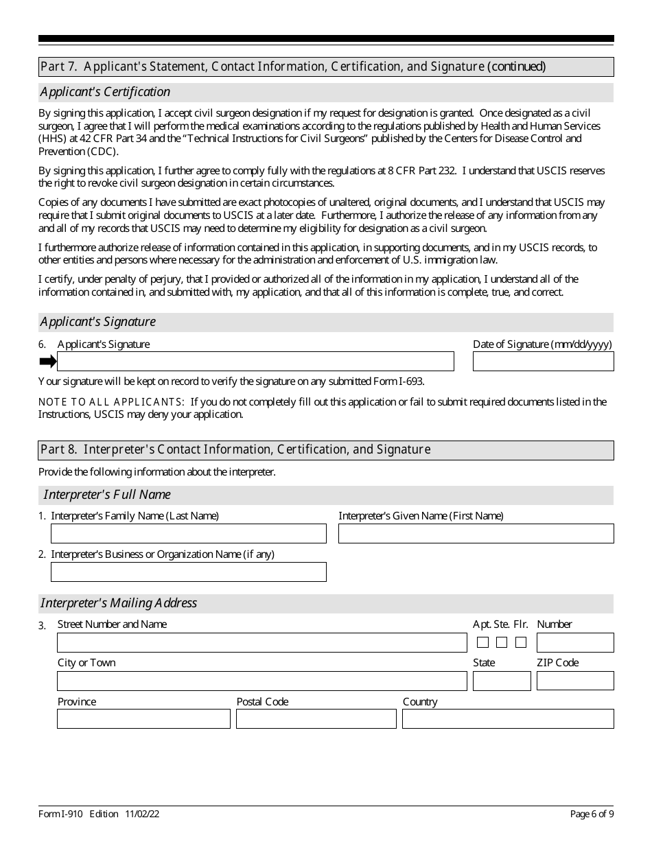 USCIS Form I-910 Download Fillable PDF or Fill Online Application for Civil Surgeon Designation ...