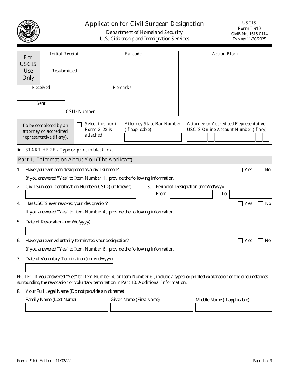 USCIS Form I-910 Download Fillable PDF or Fill Online Application for Civil Surgeon Designation ...