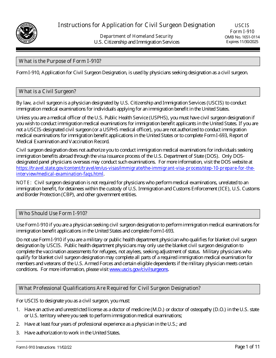 Download Instructions for USCIS Form I-910 Application for Civil Surgeon Designation PDF 2018 ...