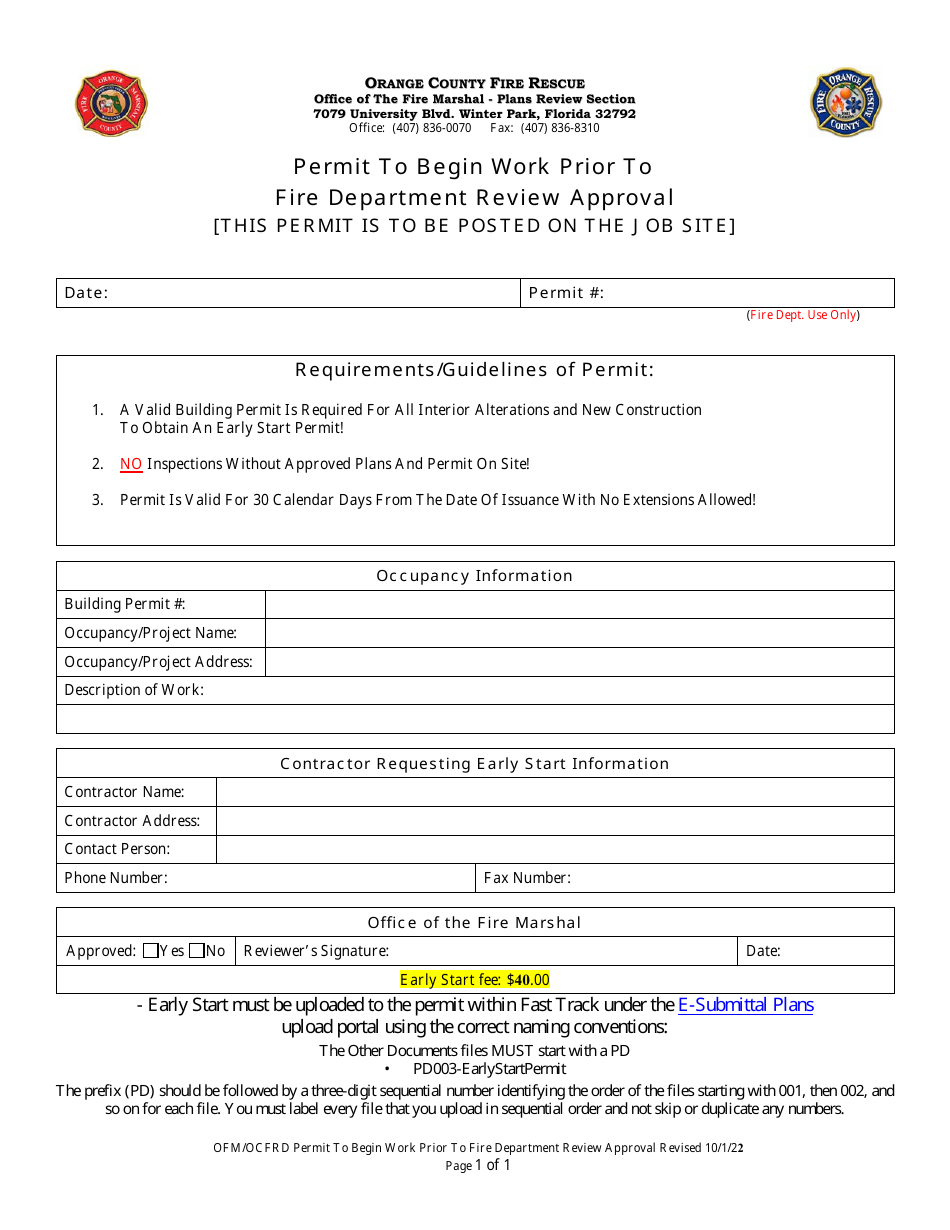 Orange County, Florida Permit to Begin Work Prior to Fire Department ...