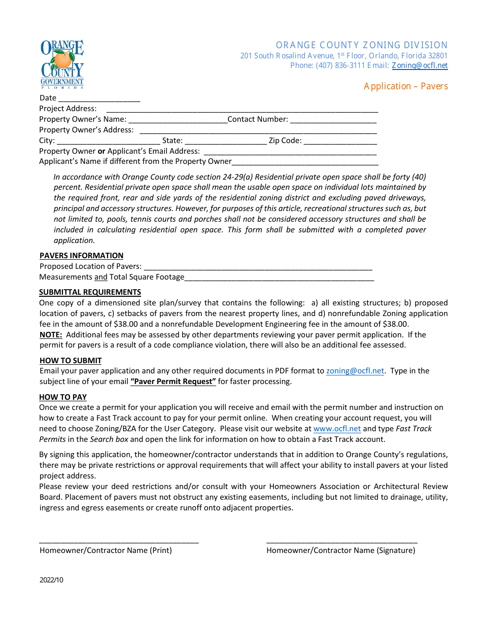 Orange County, Florida Application - Pavers Download Fillable PDF 2022 ...