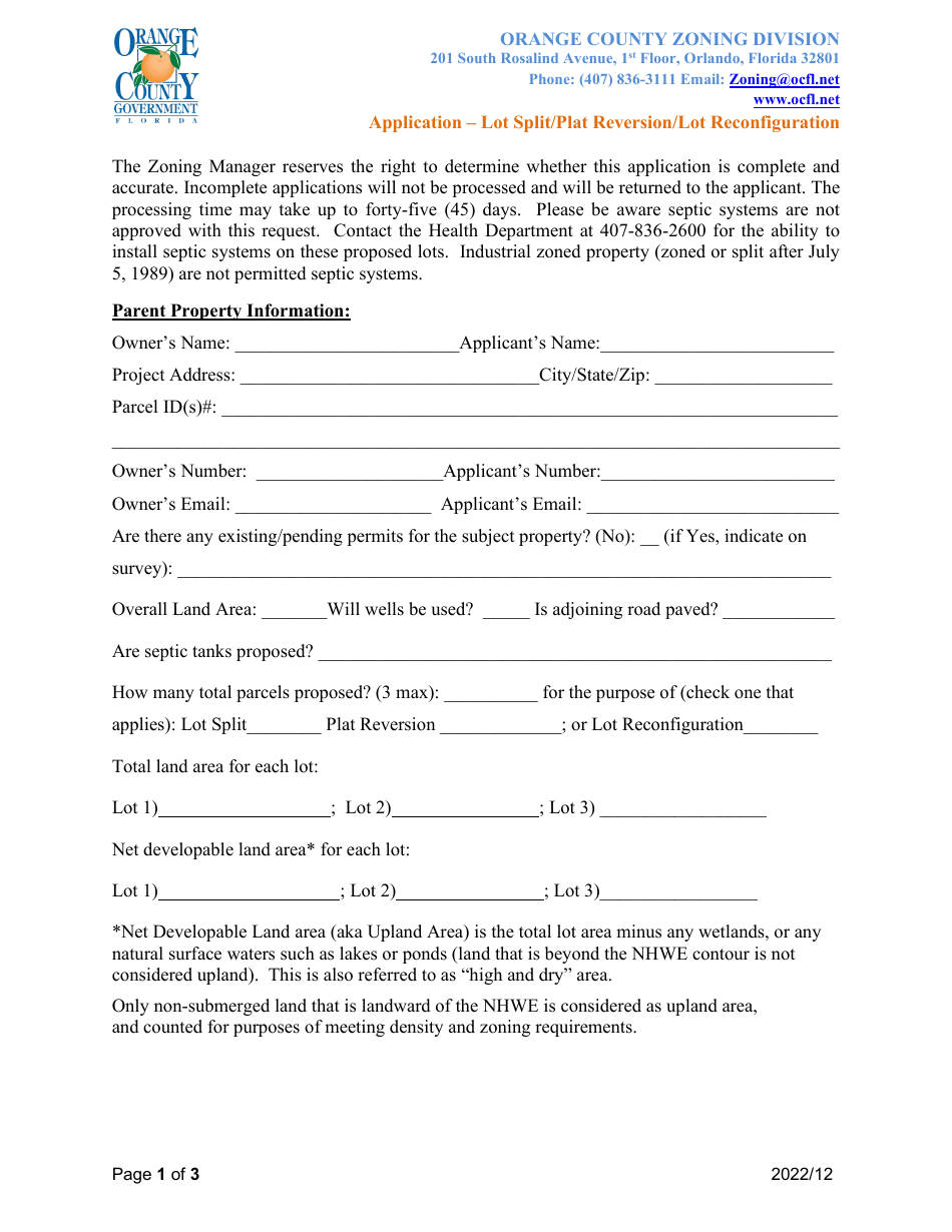 Orange County, Florida Application - Lot Split/Plat Reversion/Lot ...