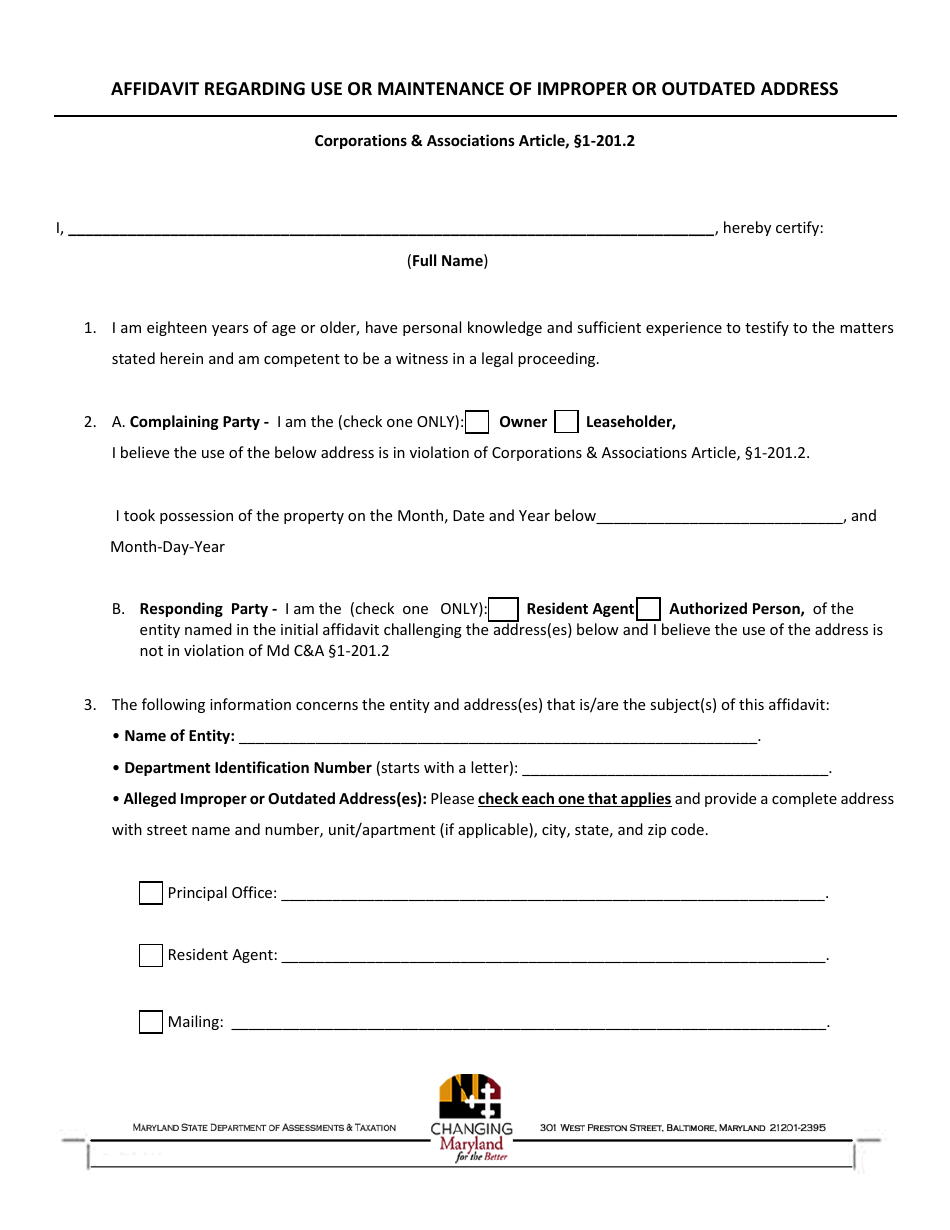 Maryland Affidavit Regarding Use or Maintenance of Improper or Outdated ...