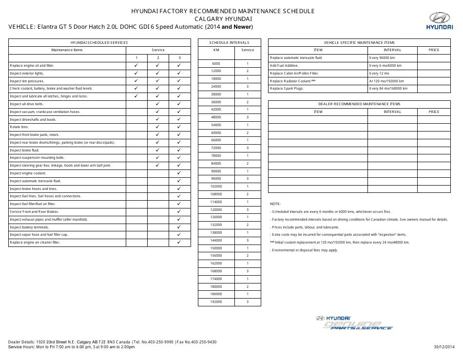 Factory Recommended Maintenance Schedule For Elantra Gt Calgary 