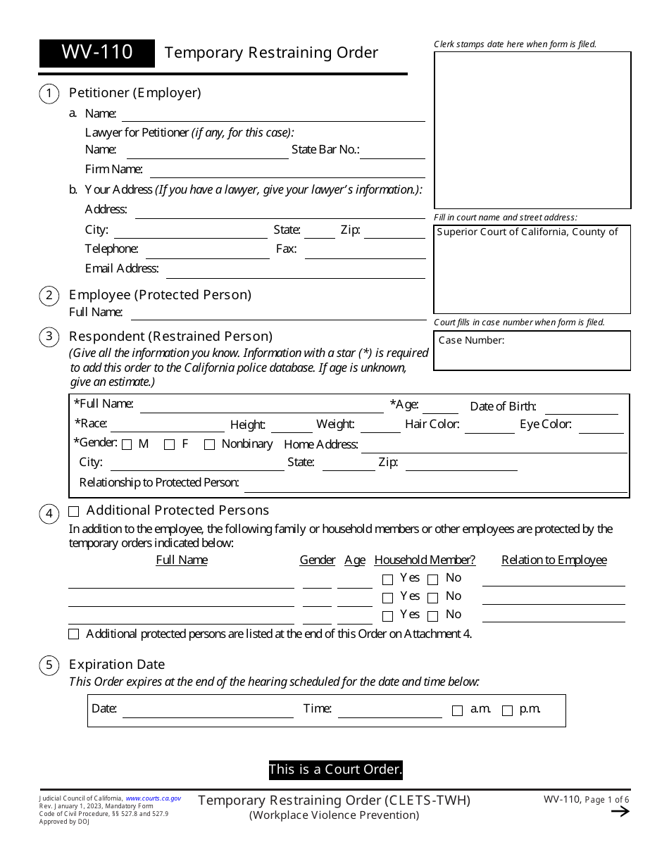 Form WV-110 Download Fillable PDF or Fill Online Temporary Restraining ...