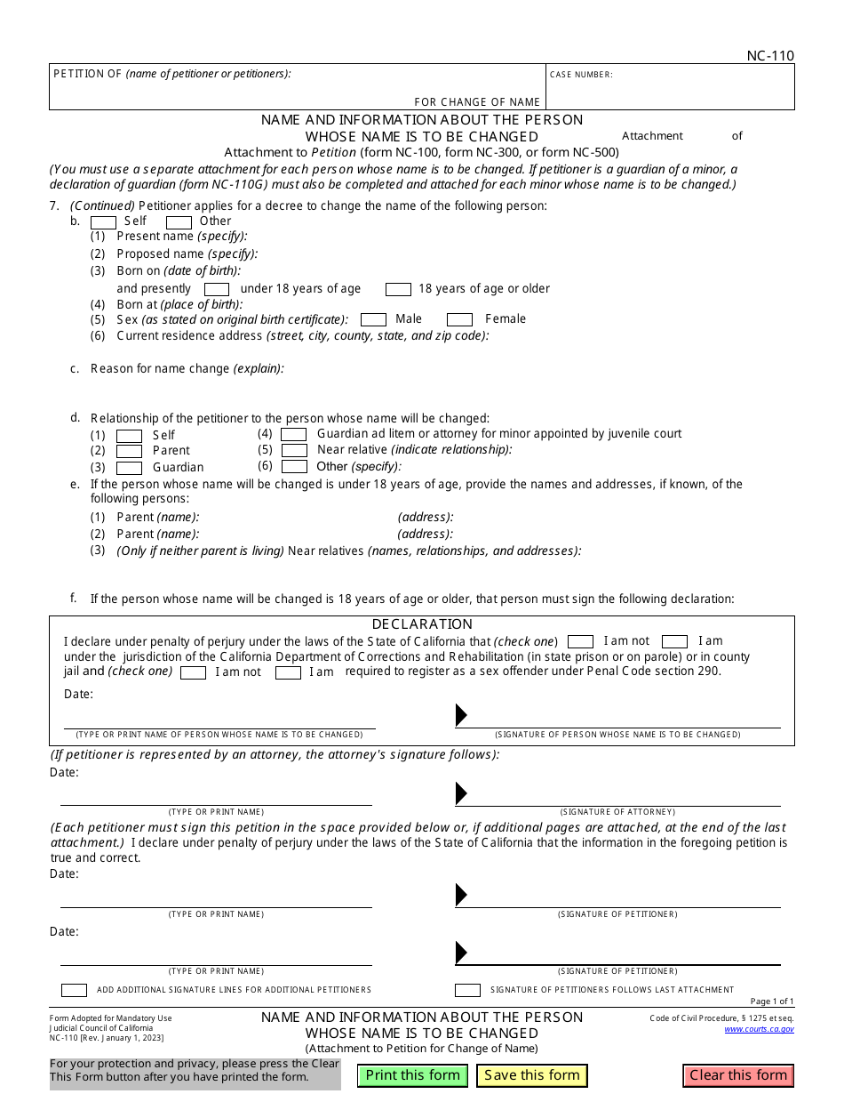 Form NC-110 - Fill Out, Sign Online and Download Fillable PDF ...