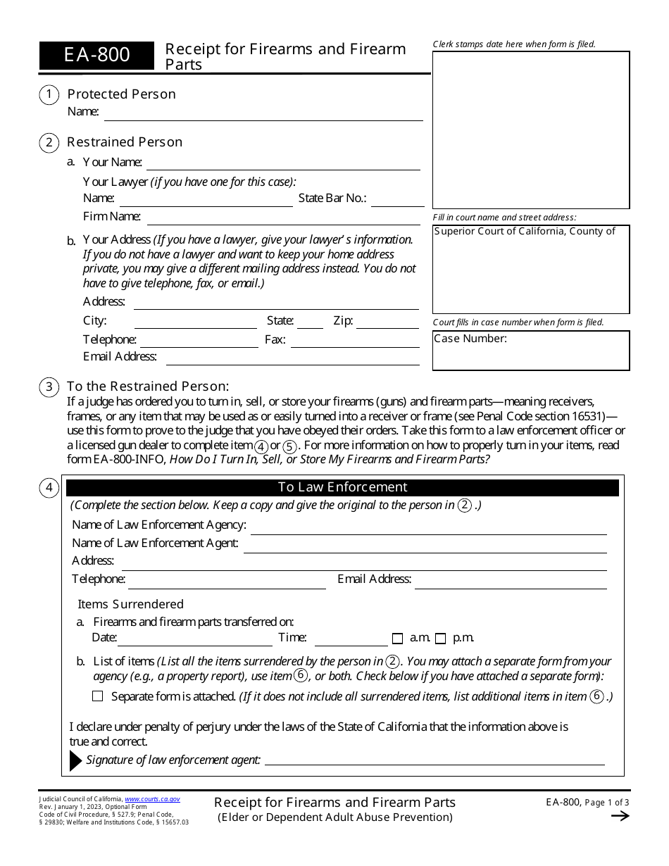 Form EA-800 Download Fillable PDF or Fill Online Receipt for Firearms and Firearm Parts (Elder ...