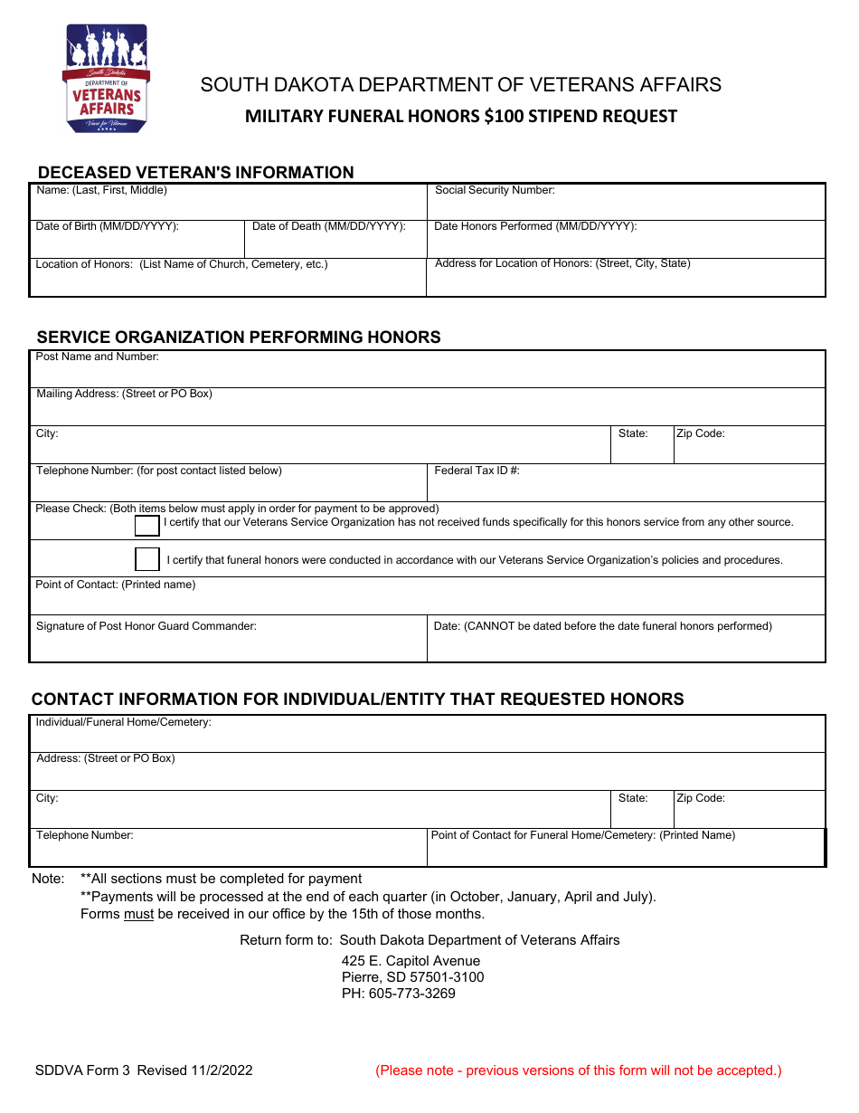 SDDVA Form 3 - Fill Out, Sign Online and Download Fillable PDF, South ...