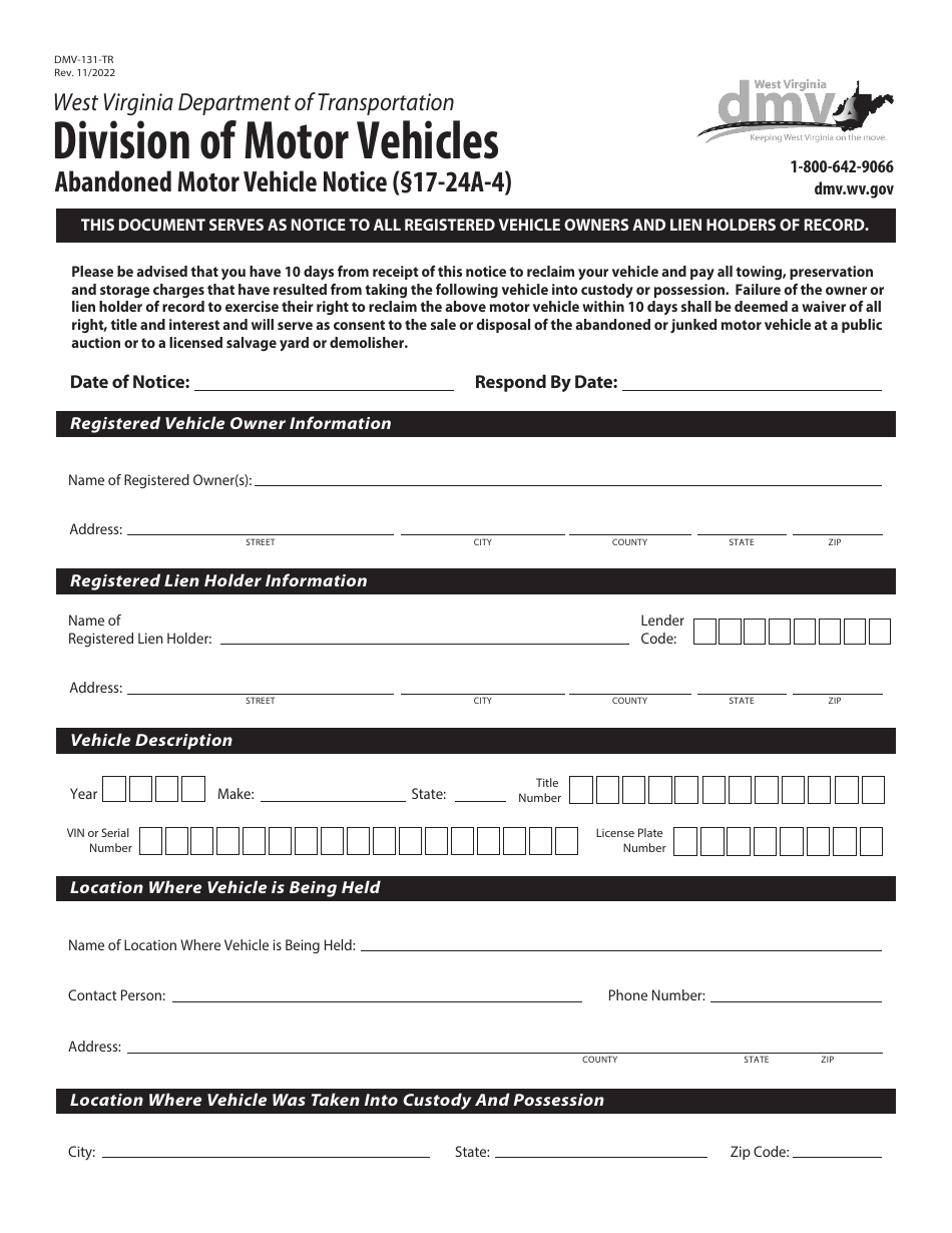 Form DMV-131-TR - Fill Out, Sign Online and Download Fillable PDF, West ...
