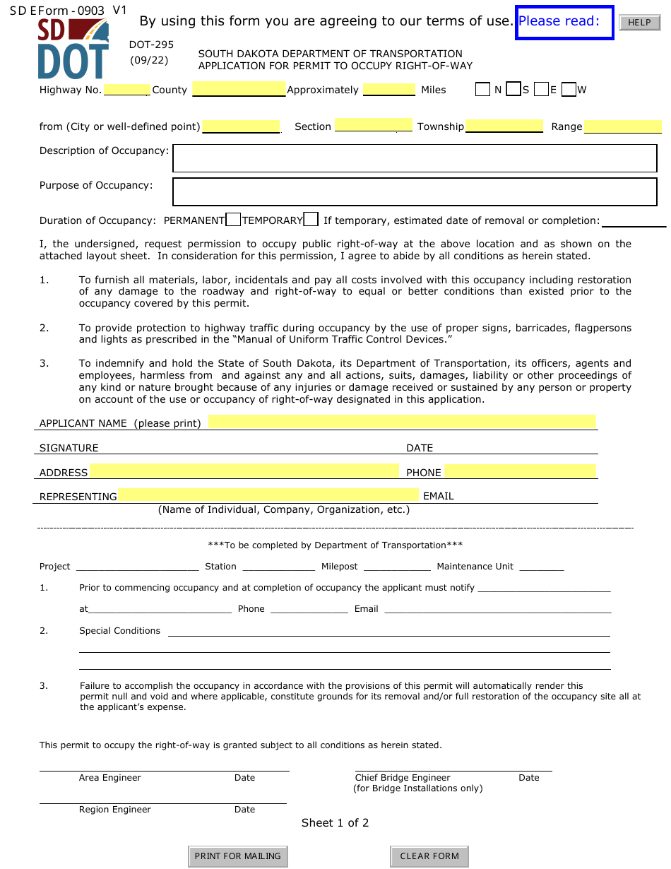 Form DOT-295 (SD Form 0903) - Fill Out, Sign Online and Download ...