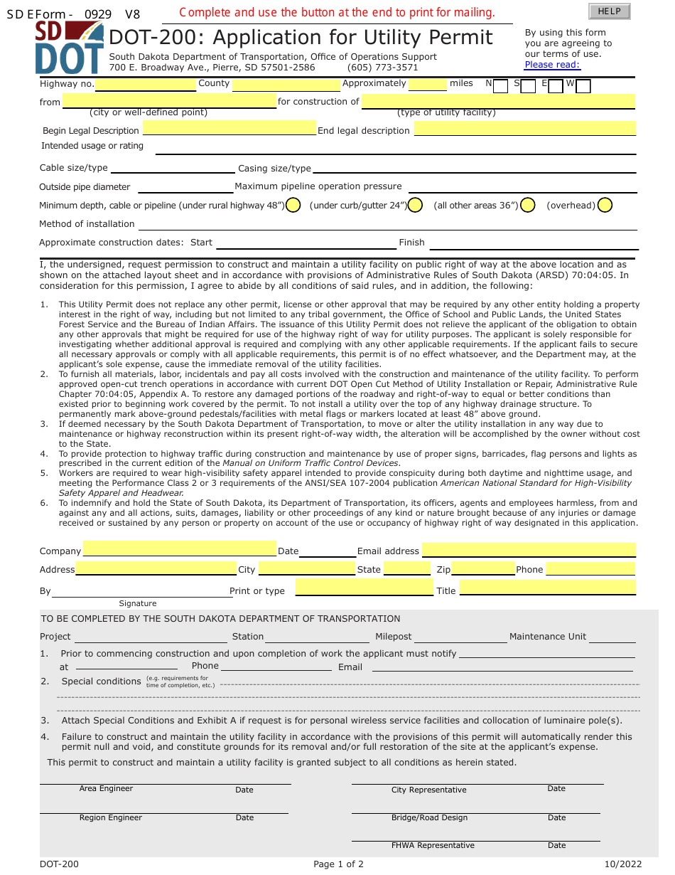 Form DOT-200 (SD Form 0929) Download Fillable PDF or Fill Online ...