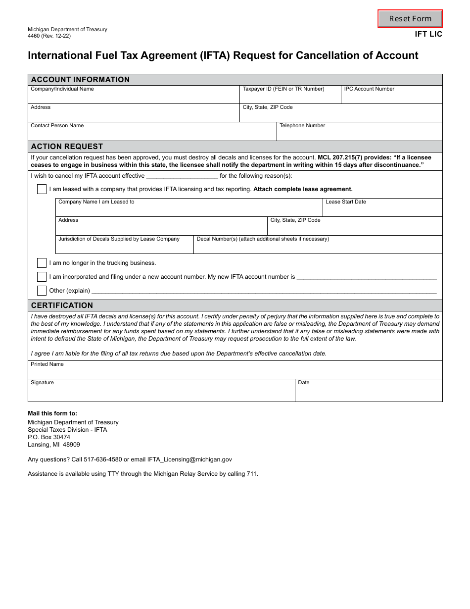 Form 4460 - Fill Out, Sign Online and Download Fillable PDF, Michigan ...