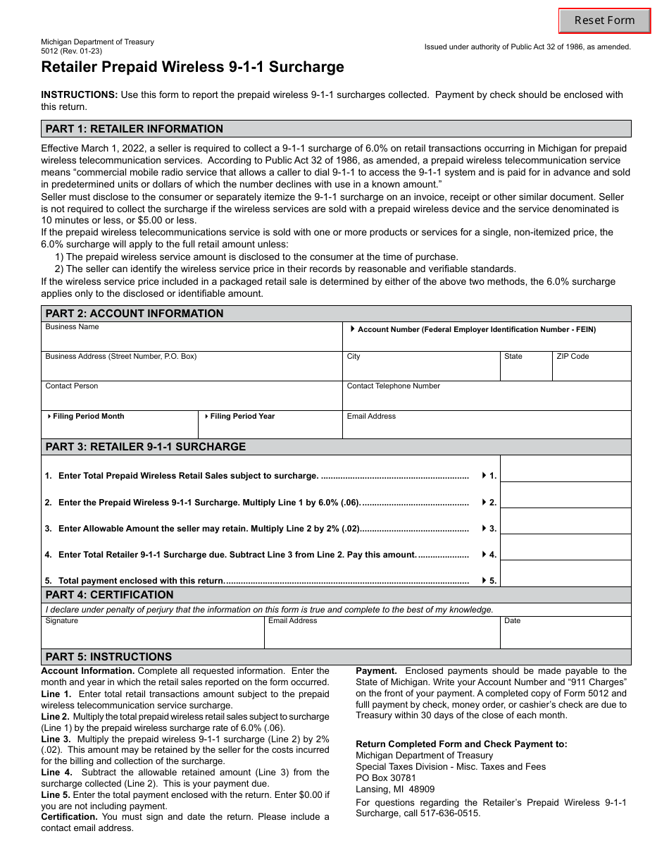 Form 5012 - Fill Out, Sign Online and Download Fillable PDF, Michigan ...