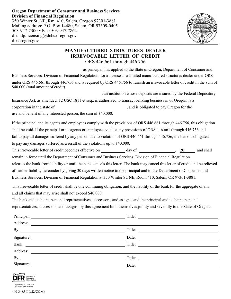 Form 440-3485 - Fill Out, Sign Online and Download Fillable PDF, Oregon | Templateroller