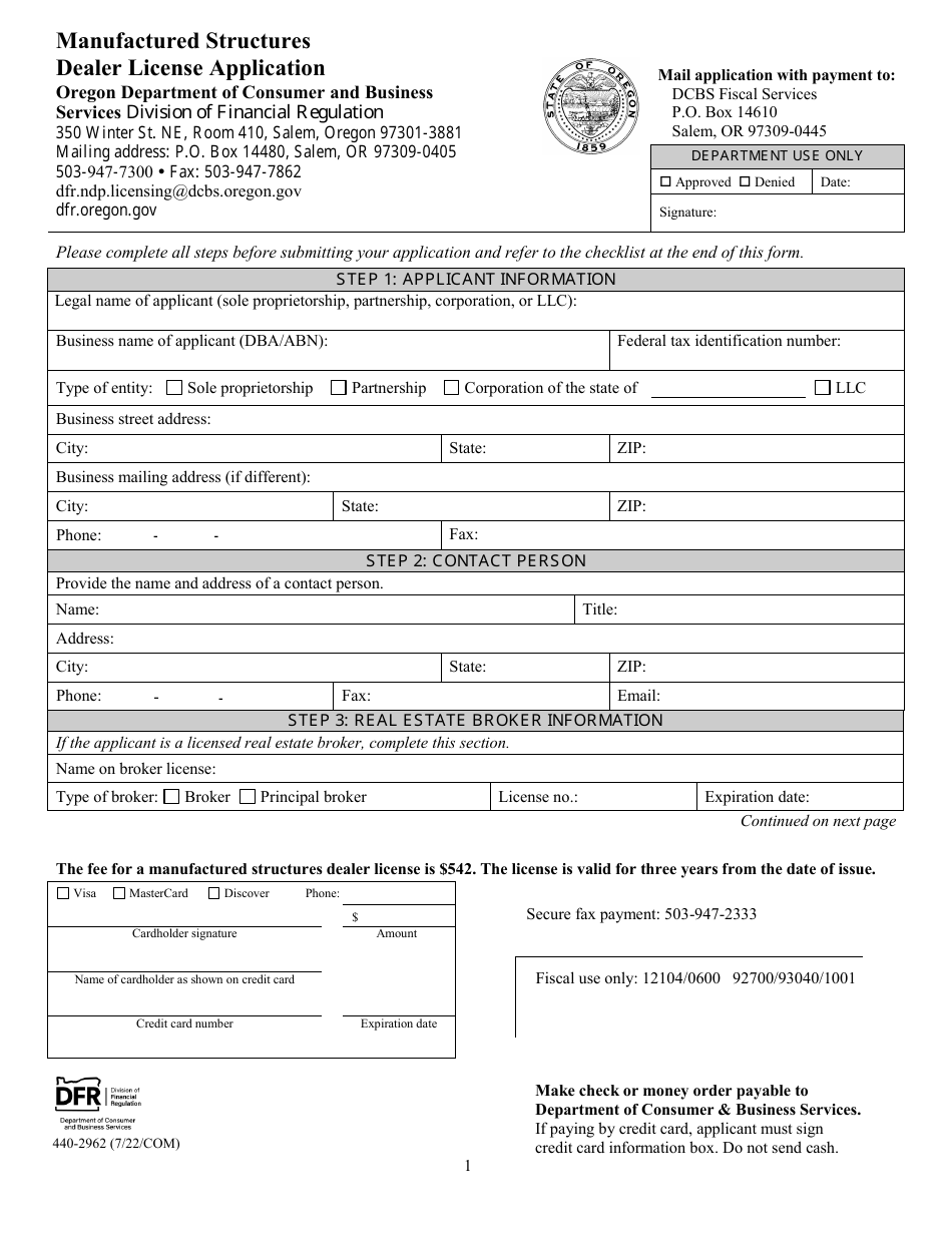 Form 440-2962 - Fill Out, Sign Online and Download Fillable PDF, Oregon ...