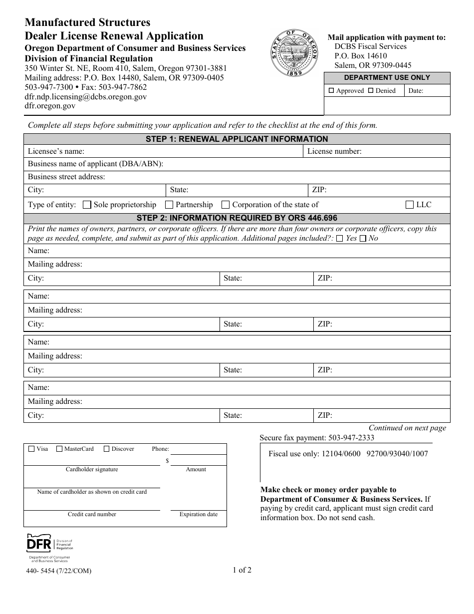 Form 440-5454 - Fill Out, Sign Online and Download Fillable PDF, Oregon | Templateroller