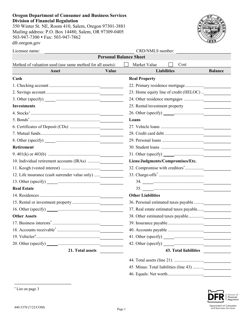 Form 440-5370 - Fill Out, Sign Online and Download Fillable PDF, Oregon ...