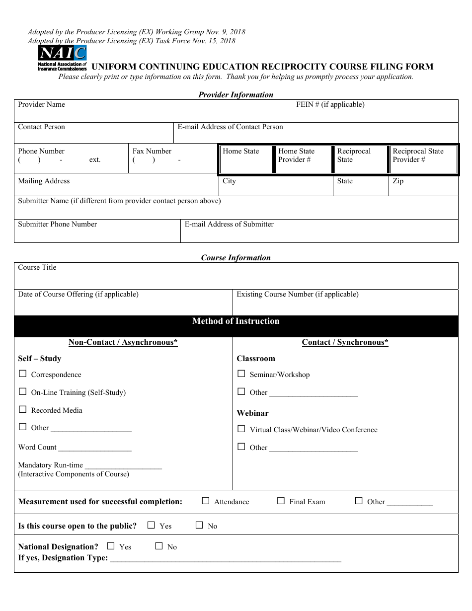 Uniform Continuing Education Reciprocity Course Filing Form Download ...