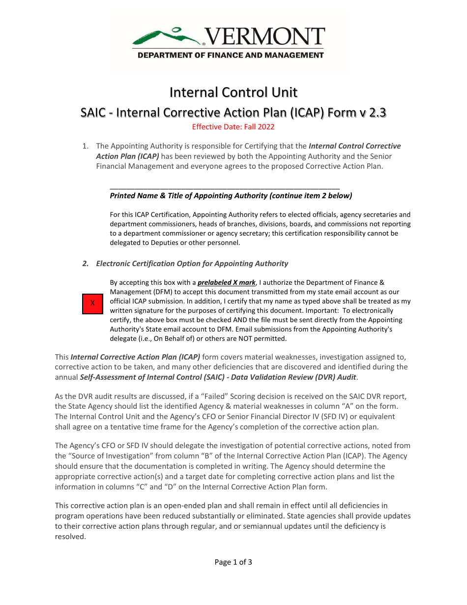 Vermont Saic - Internal Corrective Action Plan (Icap) Form - Fill Out ...