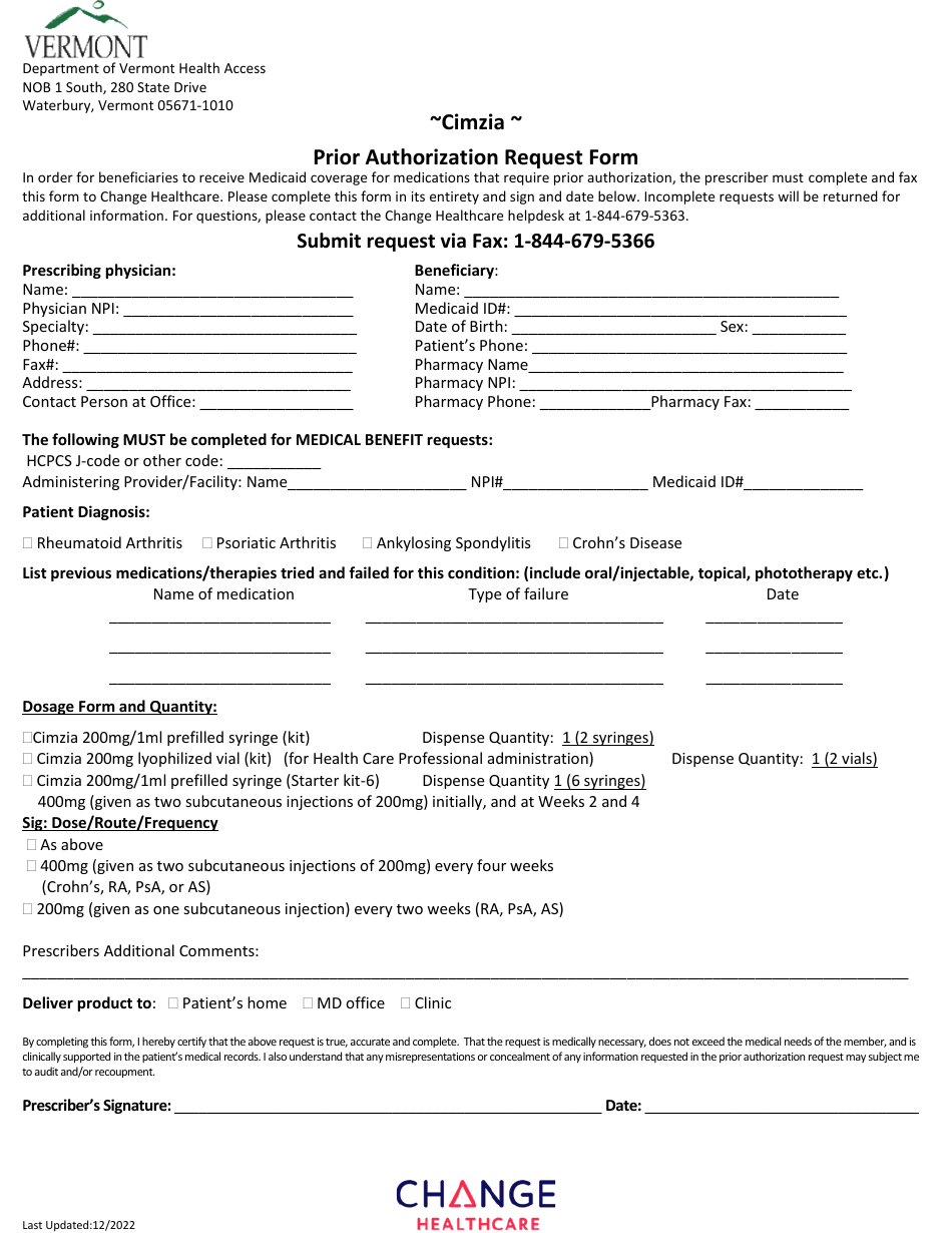 Vermont Cimzia Prior Authorization Request Form - Fill Out, Sign Online ...