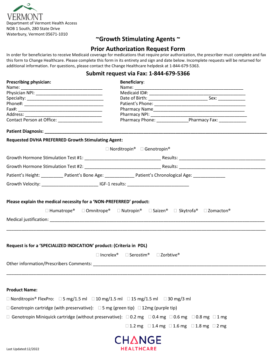 Vermont Growth Stimulating Agents Prior Authorization Request Form Download Printable PDF ...