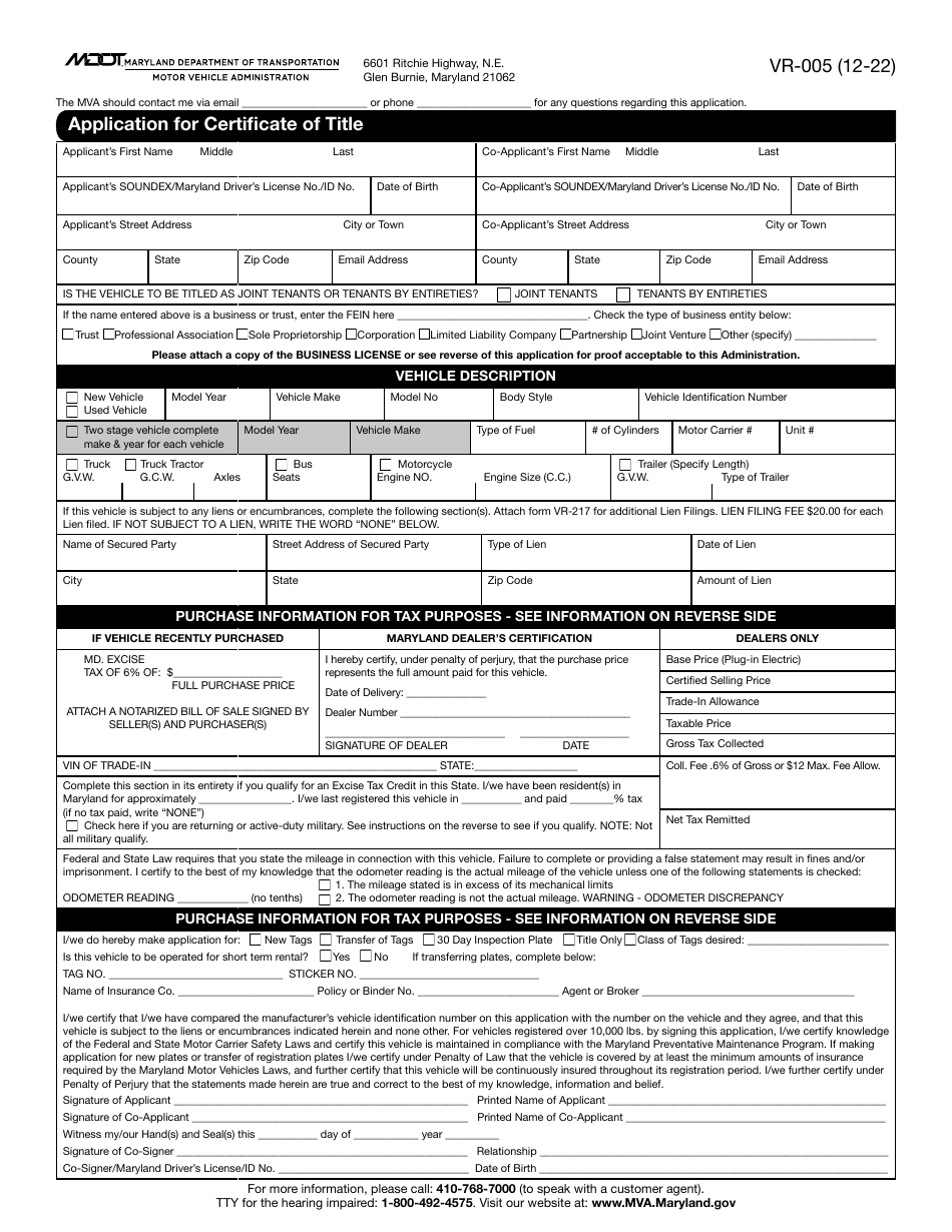 Form VR-005 - Fill Out, Sign Online and Download Fillable PDF, Maryland ...