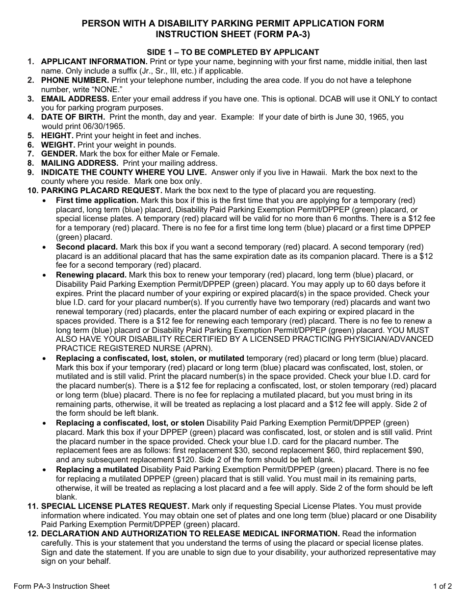 Form PA-3 Download Fillable PDF or Fill Online Disability Parking ...