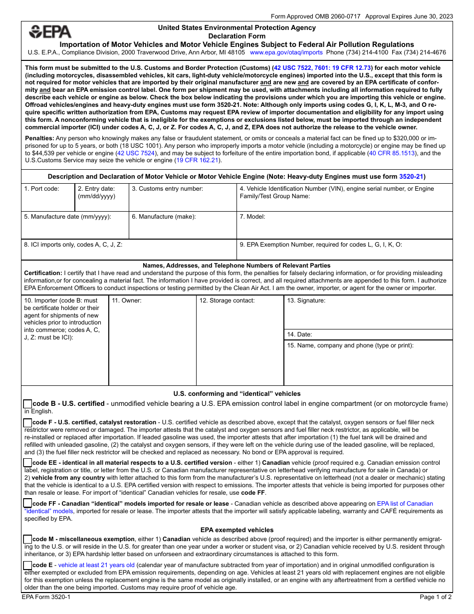 EPA Form 3520-1 Download Fillable PDF or Fill Online Declaration Form ...