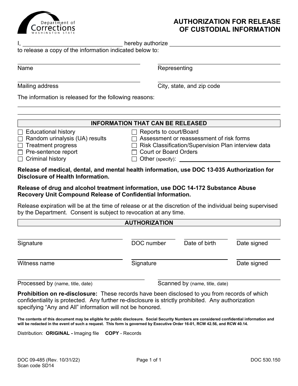Form DOC09-485 Download Printable PDF or Fill Online Authorization for ...