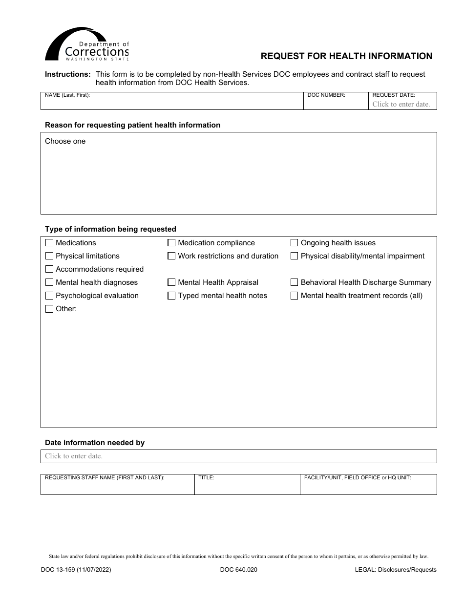 Form DOC13-159 Download Printable PDF or Fill Online Request for Health ...