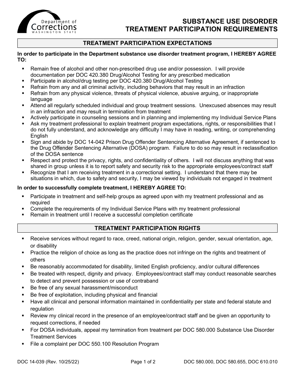 Form DOC14-039 Download Printable PDF or Fill Online Substance Use ...
